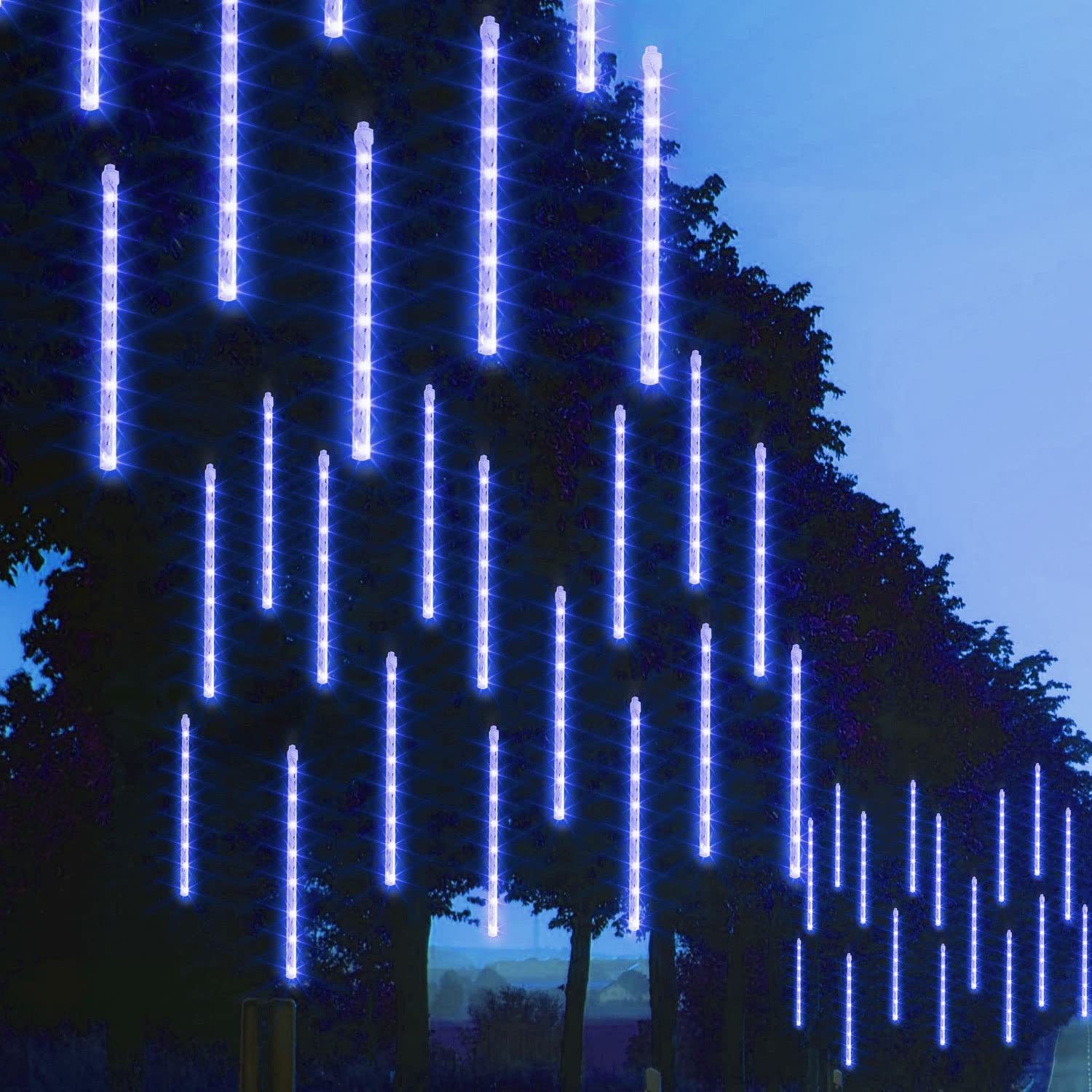 FUNPENY Meteor Shower Rain Lights, 288 LED Christmas Lights Icicle Snow Falling Christmas Lights Outdoor Raindrop Lights, 30cm 8 Tubes Xmas Tree Holiday Decoration (Blue)