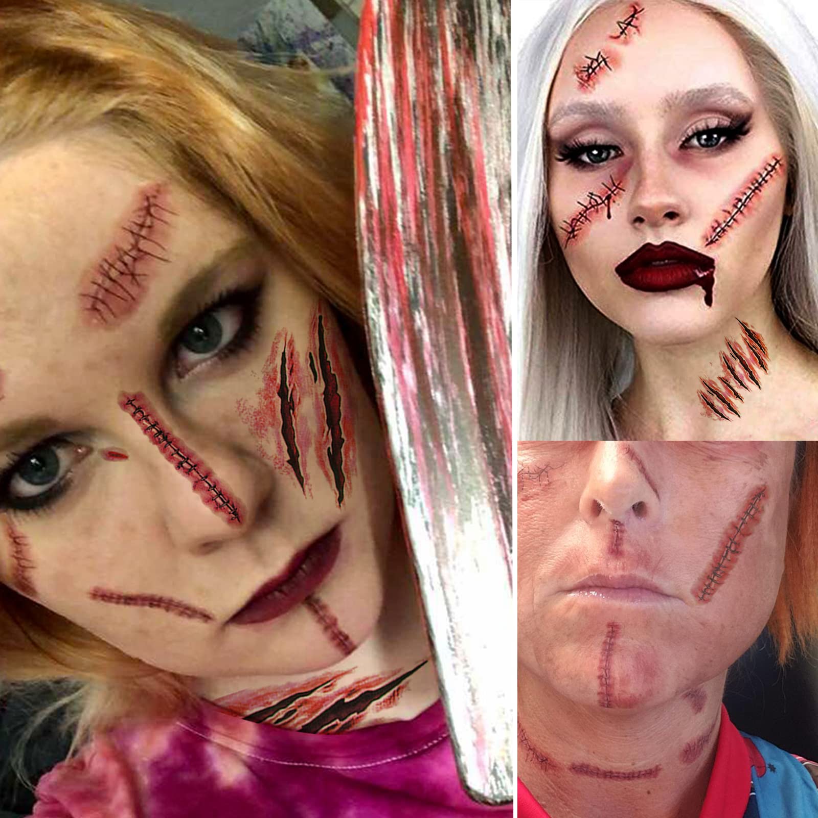 Halloween Scar Temporary Tattoos 3D Body Face Realistic Fake Stitches Tattoo Sticker Waterproof for Chucky Costume Zombie Vampire Makeup Prank Props Cosplay Kids Adults