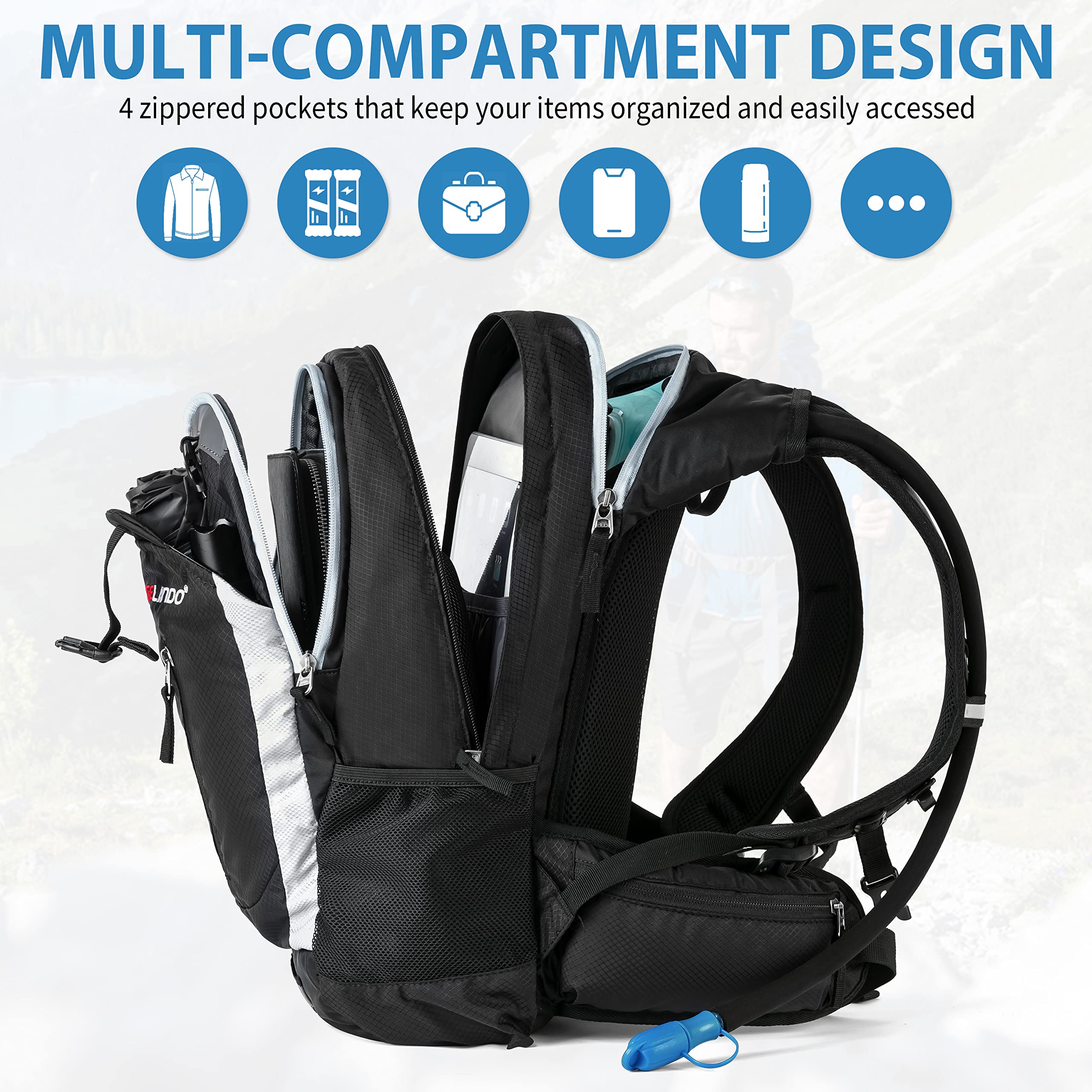 GELINDO Insulated Hiking Hydration Backpack - Hiking Hydration Pack with 2.5L Water Bladder - Insulated Water Backpack with Bladder for Hiking