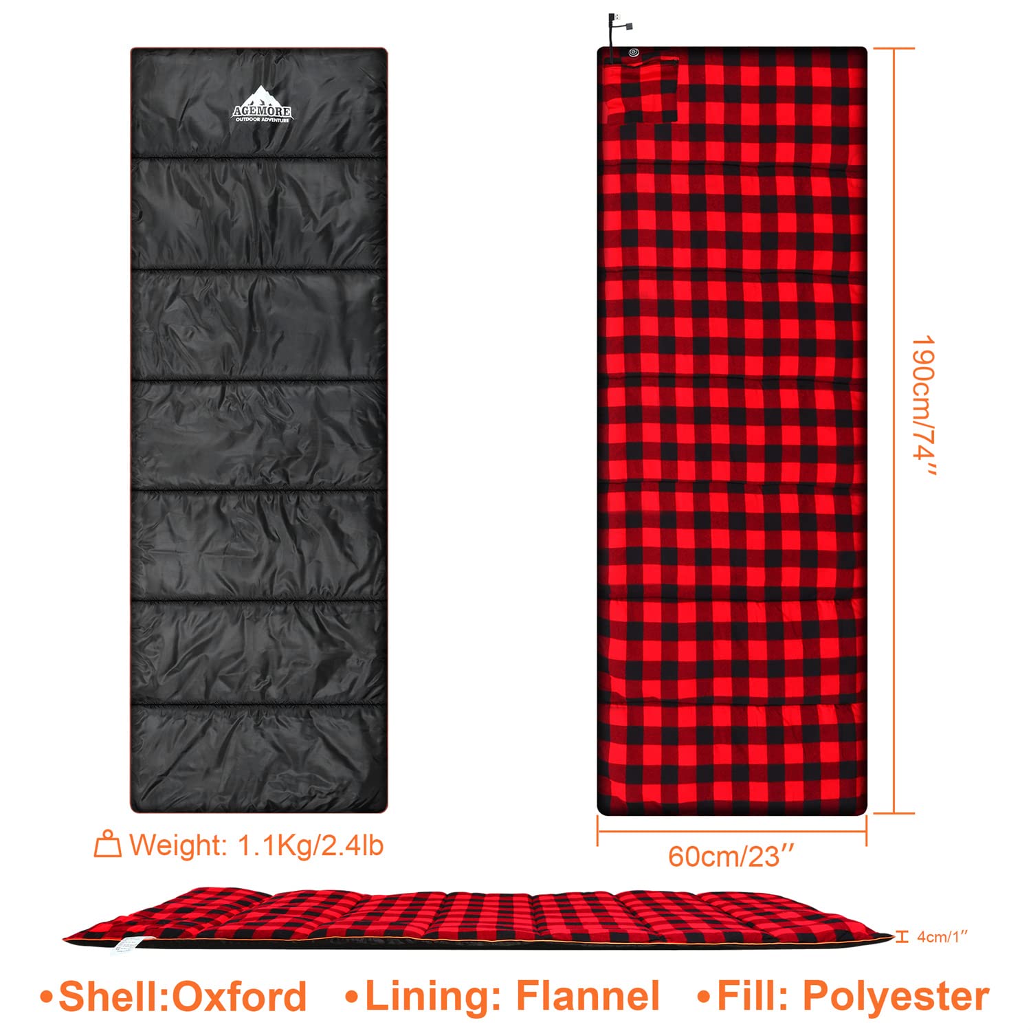 Heated Sleeping Bag Liner, Cotton Flannel Lined Sleeping Pad with 5V USB Power Support Heating Pad, Multifunctional Waterproof Heated Sleeping Pad for Cold Weather Camping, Backpacking or Hiking (Red)