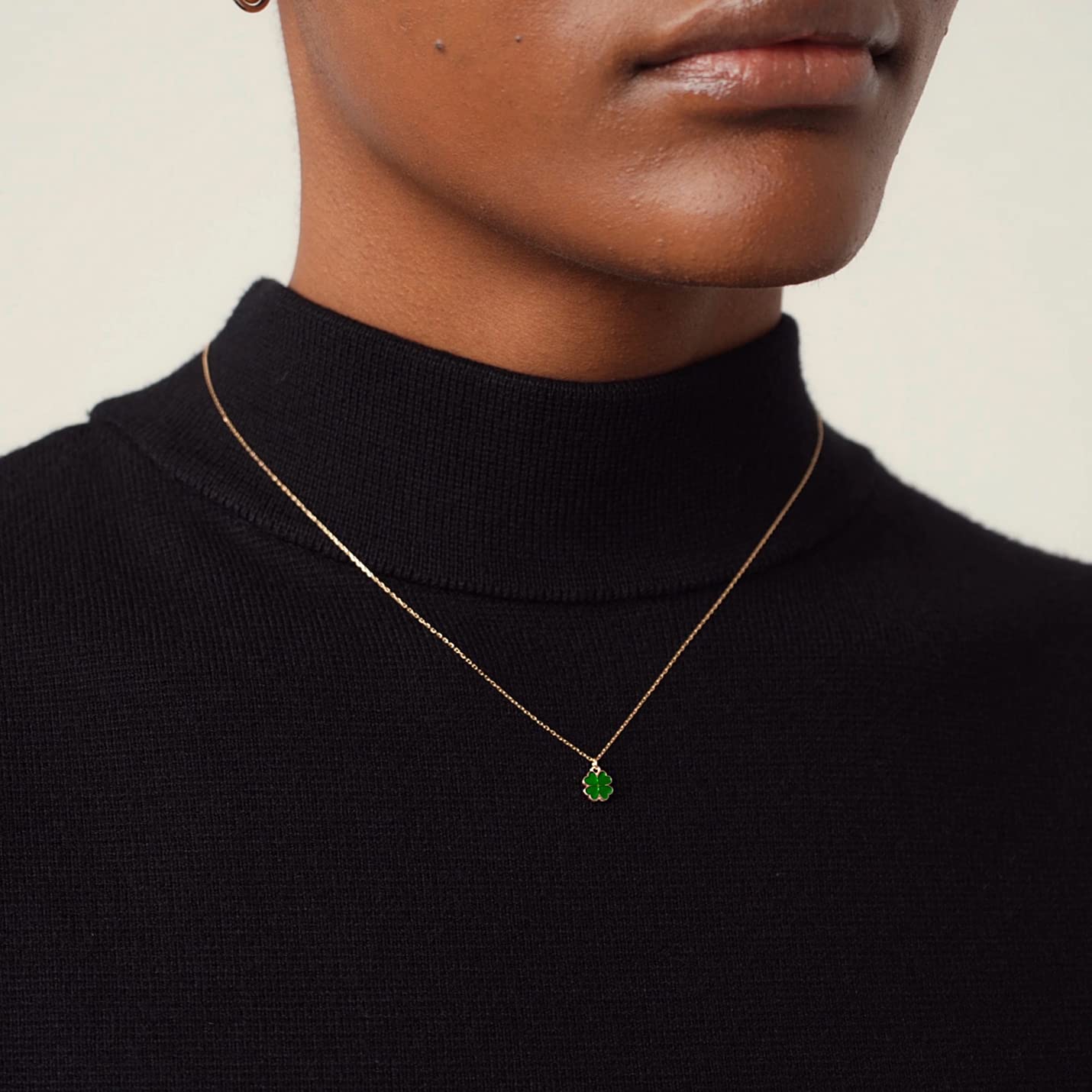 GELIN 14K Gold Enamel Green Clover Necklace | 14k Solid Gold Four Leaf Clover Neclace for Women, 18"