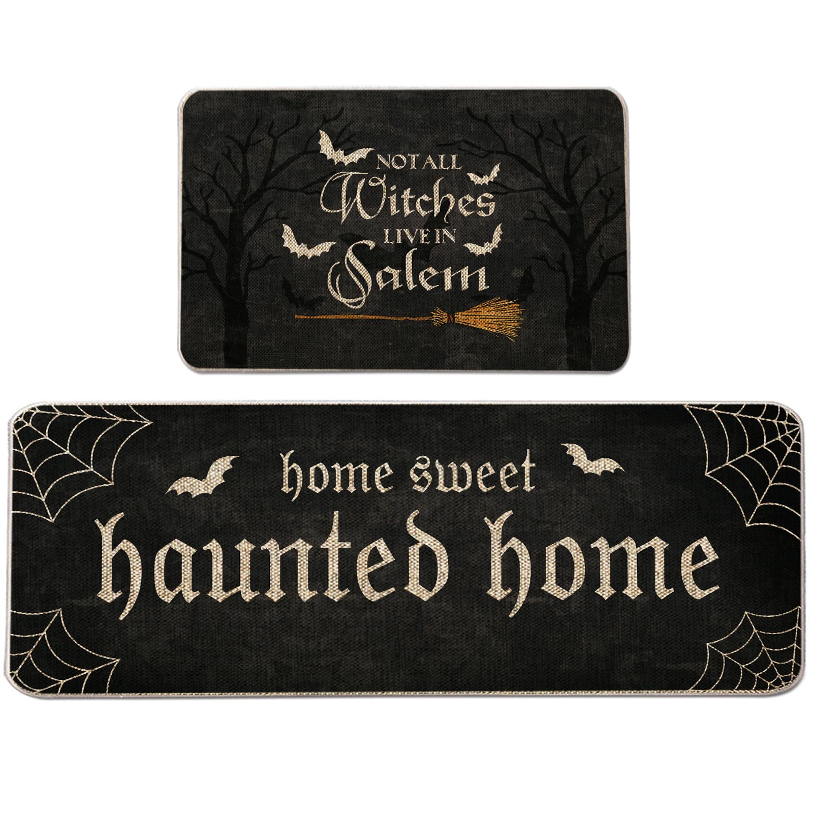 GAGEC Halloween Kitchen Mat Set of 2, No All Witch Live in Salem Kitchen Rug, Bat Broom Halloween Farmhouse Party Floor Mat for Home Kitchen Decorations - 17x27 and 17x47 Inch