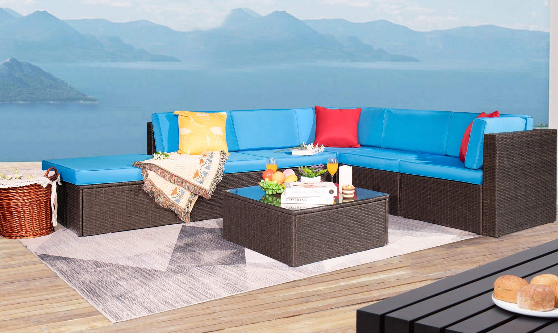 Furniwell 7 Pieces Patio Furniture Sectional Set Outdoor Wicker Rattan Sofa Set Backyard Couch Conversation Sets with Pillow, Cushions and Glass Table (Blue)