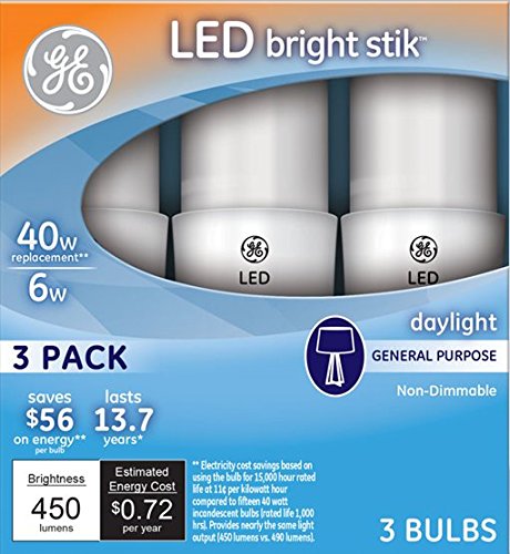 GE Lighting 32279 LED Bright Stik 6-watt (40-Watt Replacement), 450-Lumen Light Bulb with Medium Base, Daylight, 3-Pack