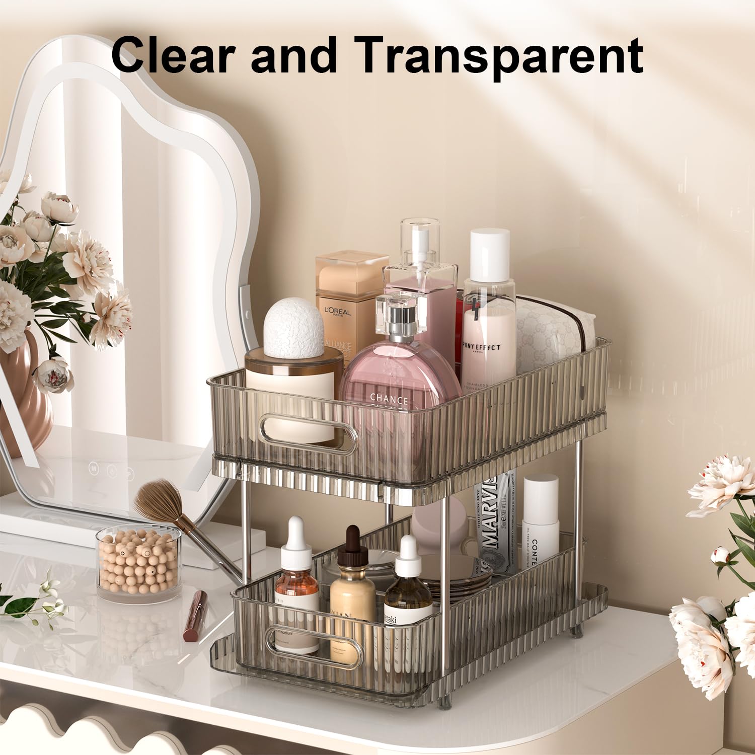 Fowooyeen Bathroom Cabinet Organizer, 2 Tier Pull Out Under Sink Organizers and Storage, Multi-Purpose Kitchen Pantry Medicine Organization and Storage Shelves Bins with Movable Dividers Grey