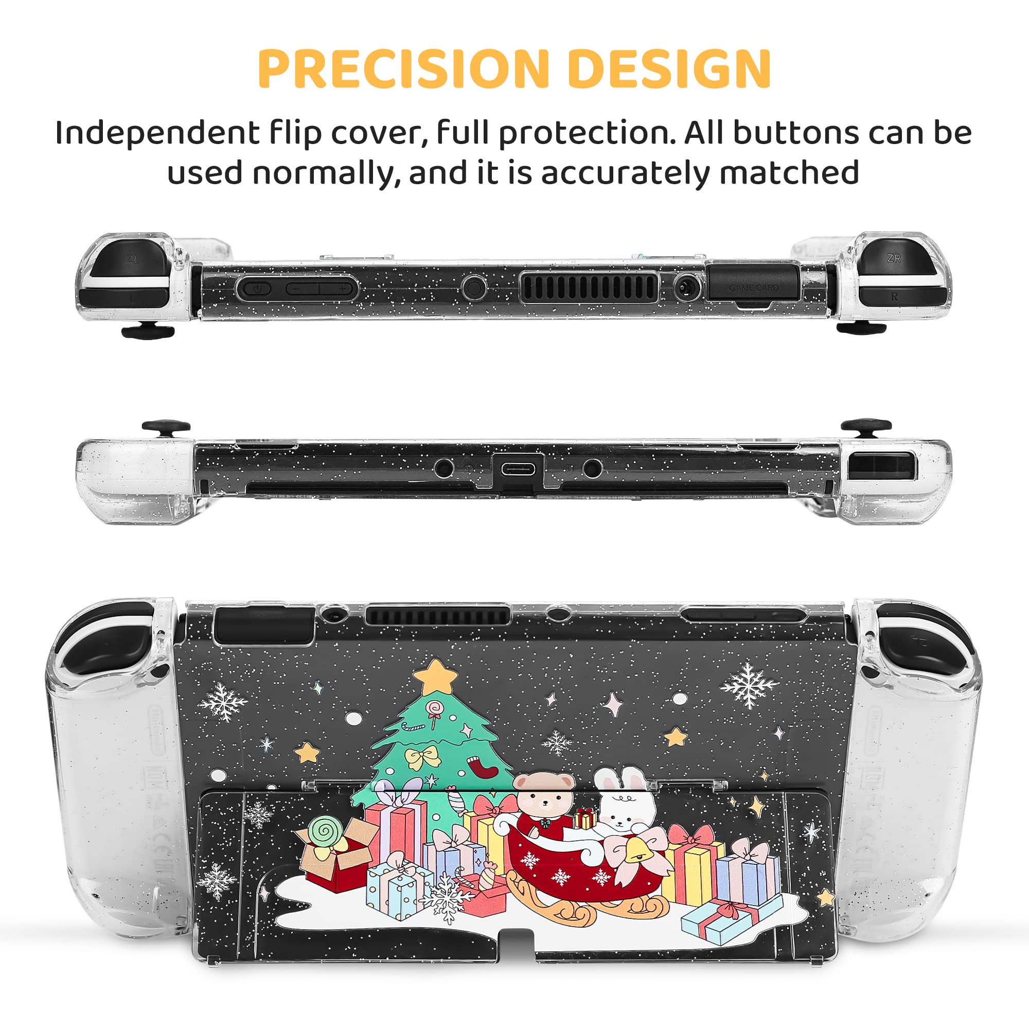 Glitter Case Compatible with Nintendo Switch OLED, FANPL Cute PC Protective Cover for Switch OLED, Kawaii Skin with Thumb Cap & Screen Protector, Accessories for Girl - Christmas Bear & Rabbit Pattern