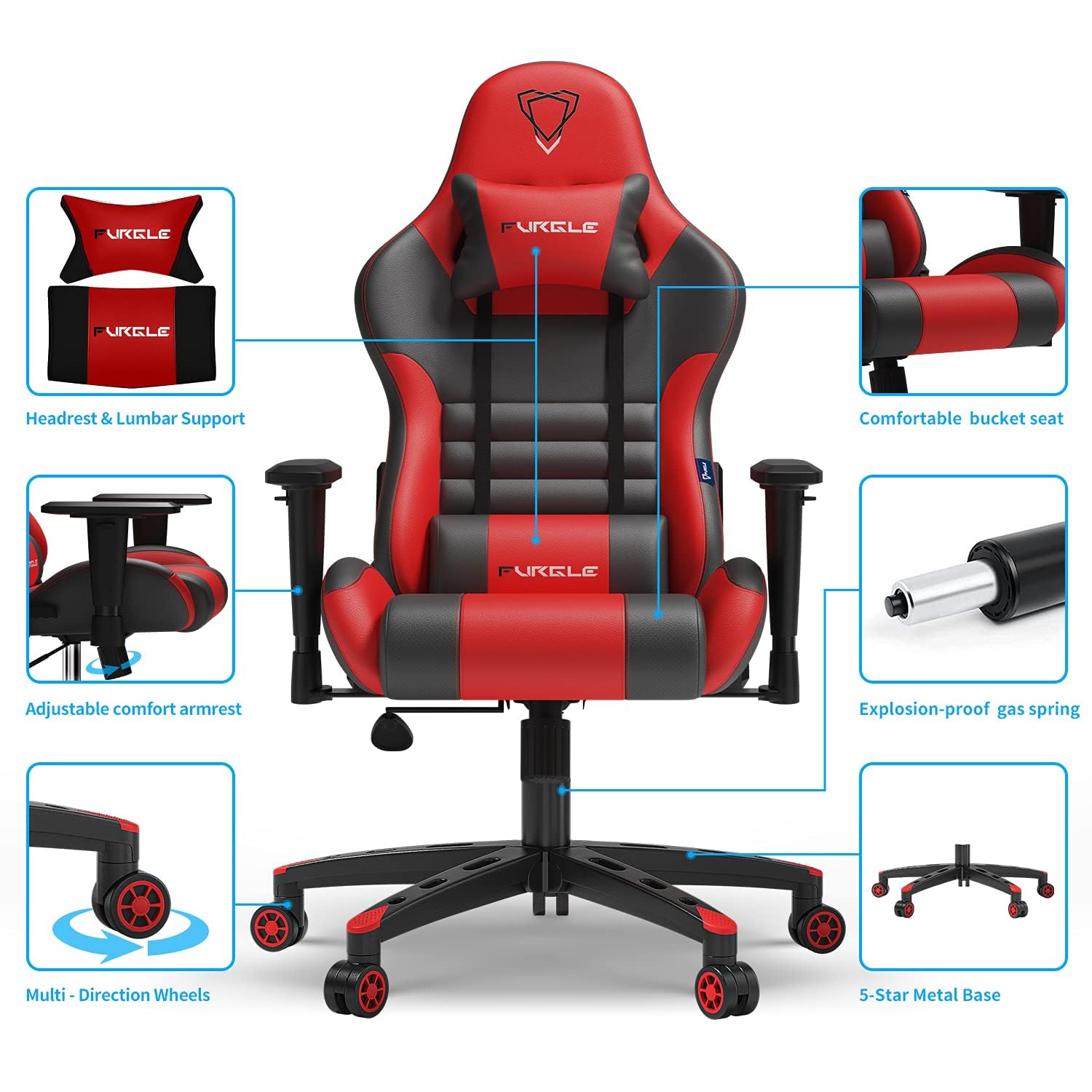 Furgle Gaming Chair with Footrest, Office Ergonomic Computer Chair with Lumbar Support, Height Adjustable Video Gaming Chair with 360°-Swivel Seat and Headrest, (Pro-Black/Red)
