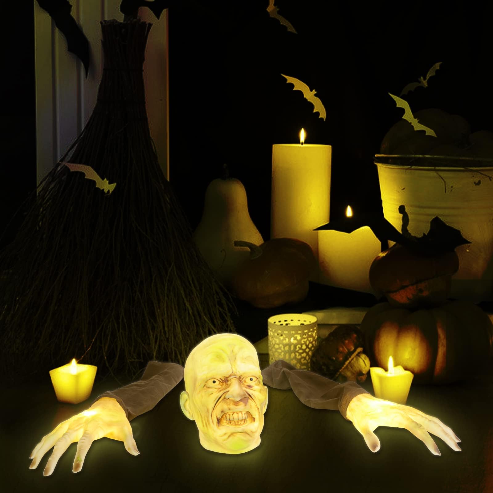 Halloween Decorations Outdoor Lighted Zombie Groundbreaker Decoration, Creepy Face Hand Lawn Stakes Graveyard Décor, Scary Ground Breaker Skeleton Indoor Halloween Decor