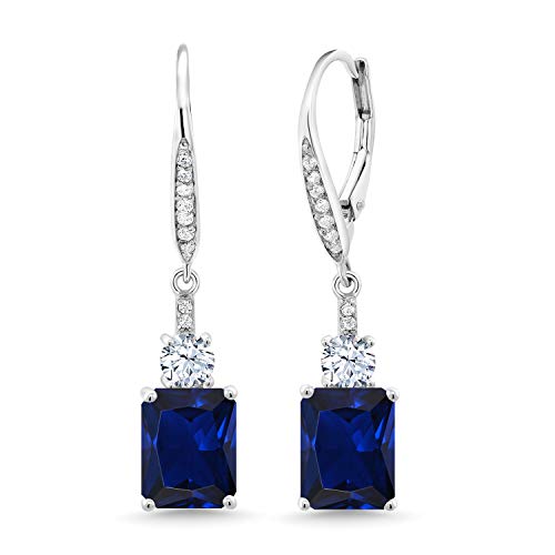 Gem Stone King 925 Sterling Silver Blue Created Sapphire Dangle Earrings For Women (5.40 Cttw, Gemstone September Birthstone, Octagon 9X7MM)