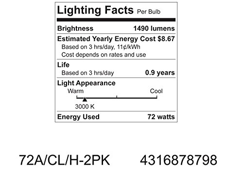 GE Lighting Crystal Clear 72-Watt, (100-watt replacement) 1490-Lumen A19 Light Bulb with Medium Base, Halogen, White (72W, 1490-Lumen)