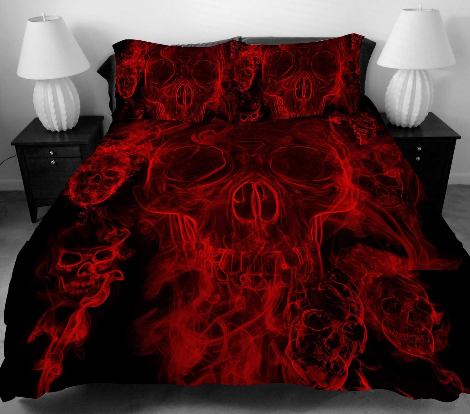 YSJ 3 PCS Duvet Cover Set with Zipper Closure,Ties-Black Red Skull Pattern Printed-Full Size Bedding Set Comforter Protector Pillowcases (Full)