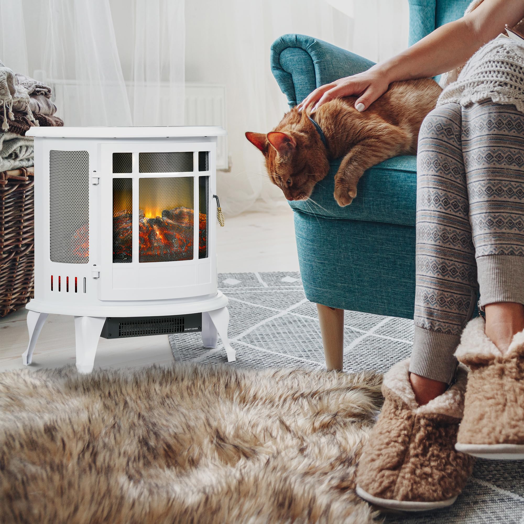 HOMCOM 22" Electric Fireplace Stove, Freestanding Electric Fire Place Heater with Realistic LED Flame, Adjustable Temperature, 1500W, White