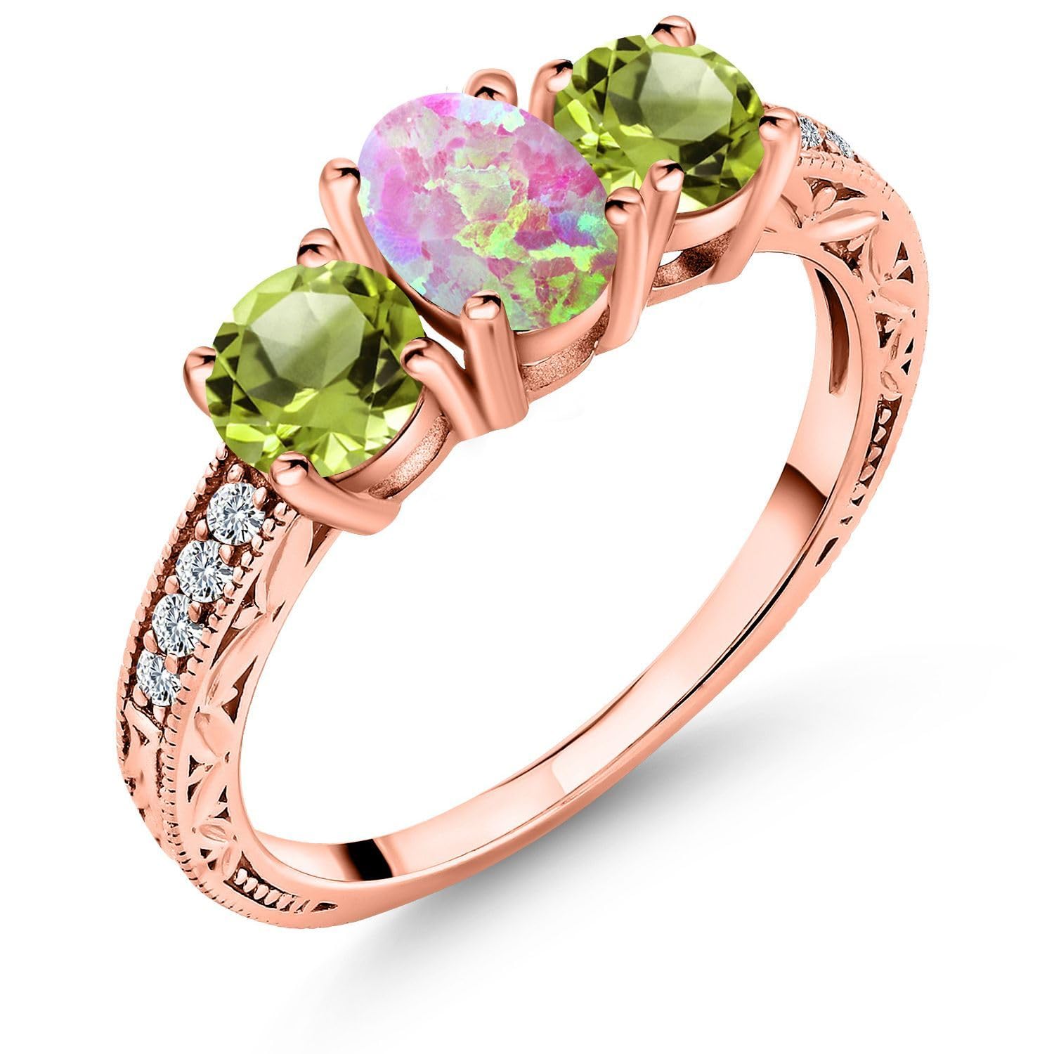 Gem Stone King 1.85 Ct Oval Cabochon Pink Simulated Opal Green Peridot 18K Rose Gold Plated Silver Ring (Size 9)