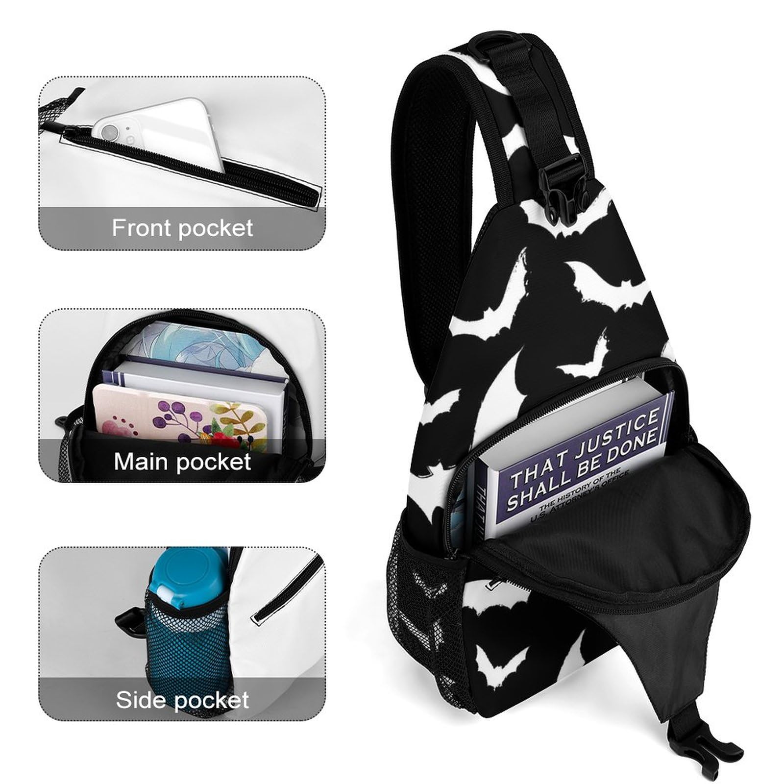 Halloween Pattern with Flying Bats Sling Backpack Chest Bag Crossbody Shoulder Bag Gym Cycling Travel Hiking Daypack For Men Women
