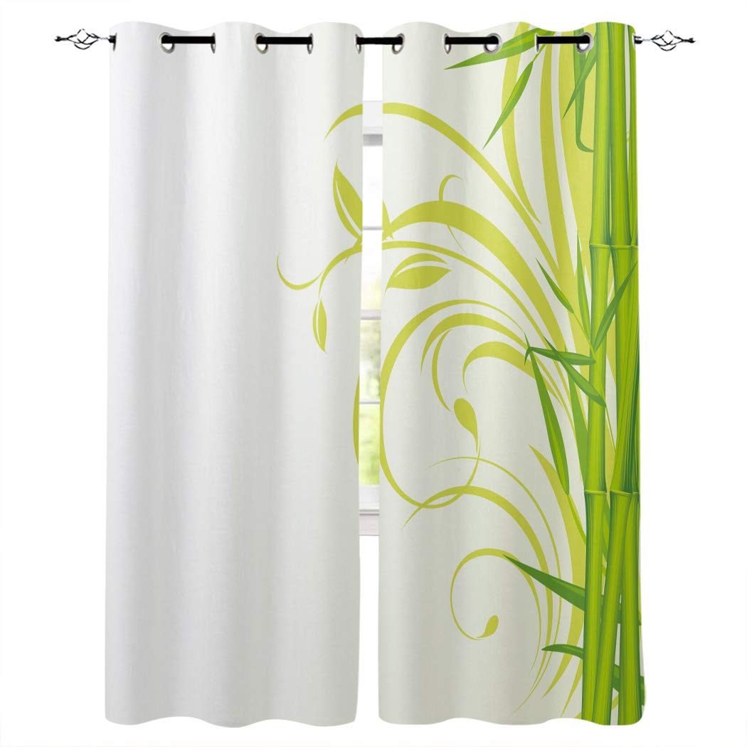 Green Kitchen Cafe Curtains Window Drapes Treatment Durable Polyester 80''W x 84''H, Bamboo with Artistic Floral Curly Leaves Asian Feng Shui Zen Garden 2 Panel Set Gromment Draperies Solid Print