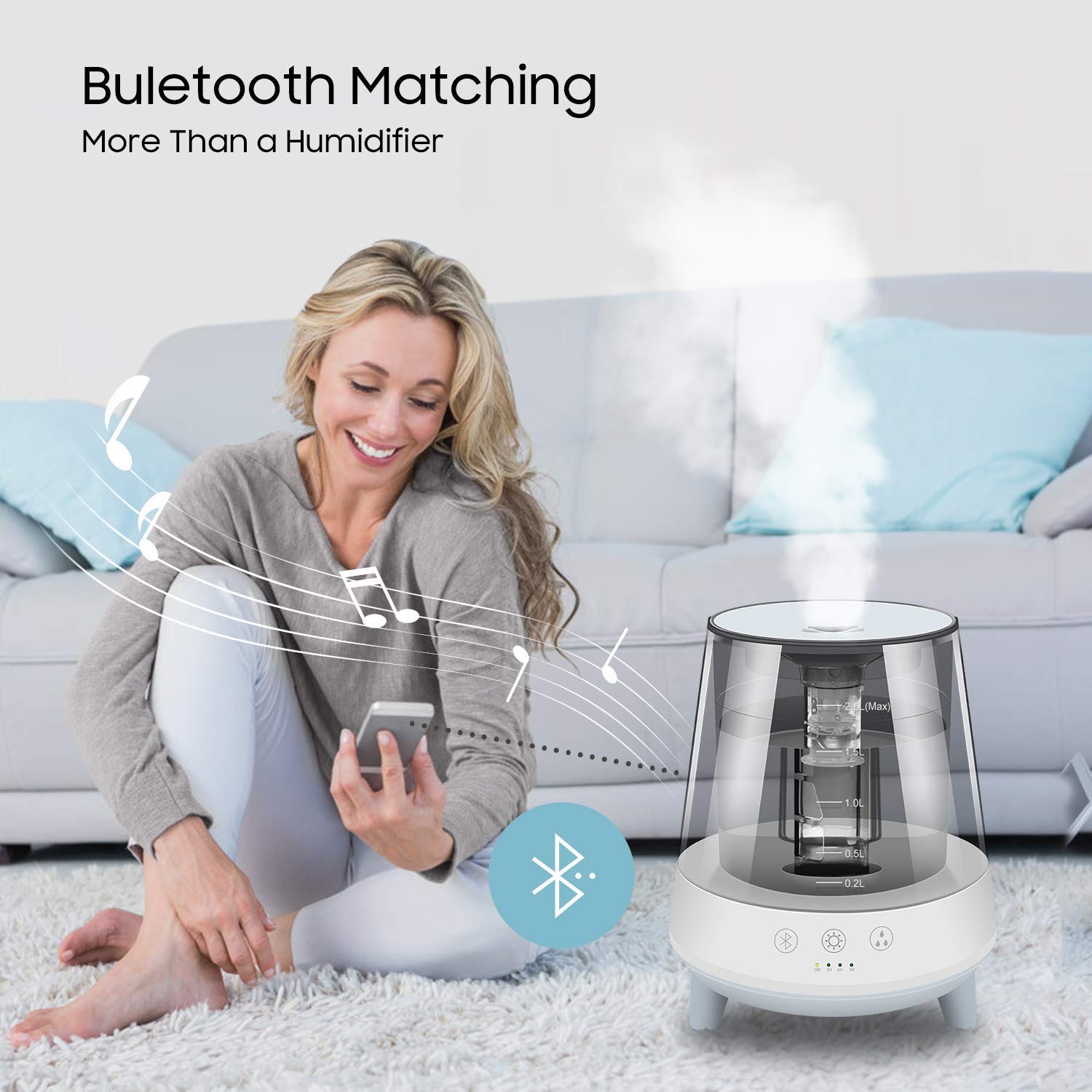Gocheer Humidifiers for Bedroom,2L Ultrasonic Cool Mist Humidifier for Baby Large Room Quiet Air Humidifier with Auto Shut-Off, Bluetooth Connection