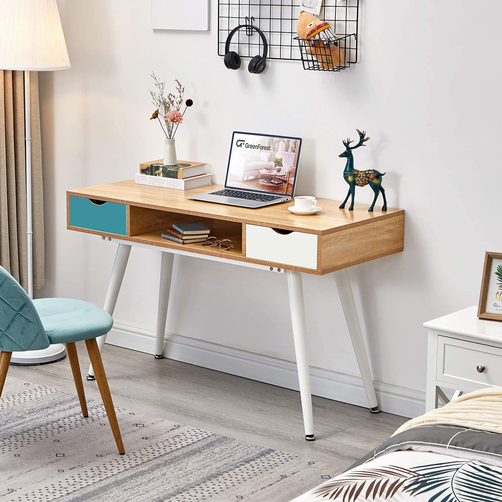 GreenForest 47inch Computer Office Desk with Drawers for Small Space Room Home Bedroom Writing Study Desk with Three Storage Vanity Makeup Dressing Table with White Metal Legs for Kids Adults
