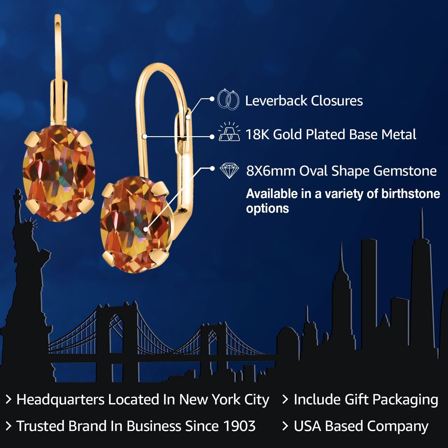 Gem Stone King 18K Gold Plated Silver Gemstone Birthstone Leverback Dangle Earrings | Oval 8X6MM | Gold Earrings for Women