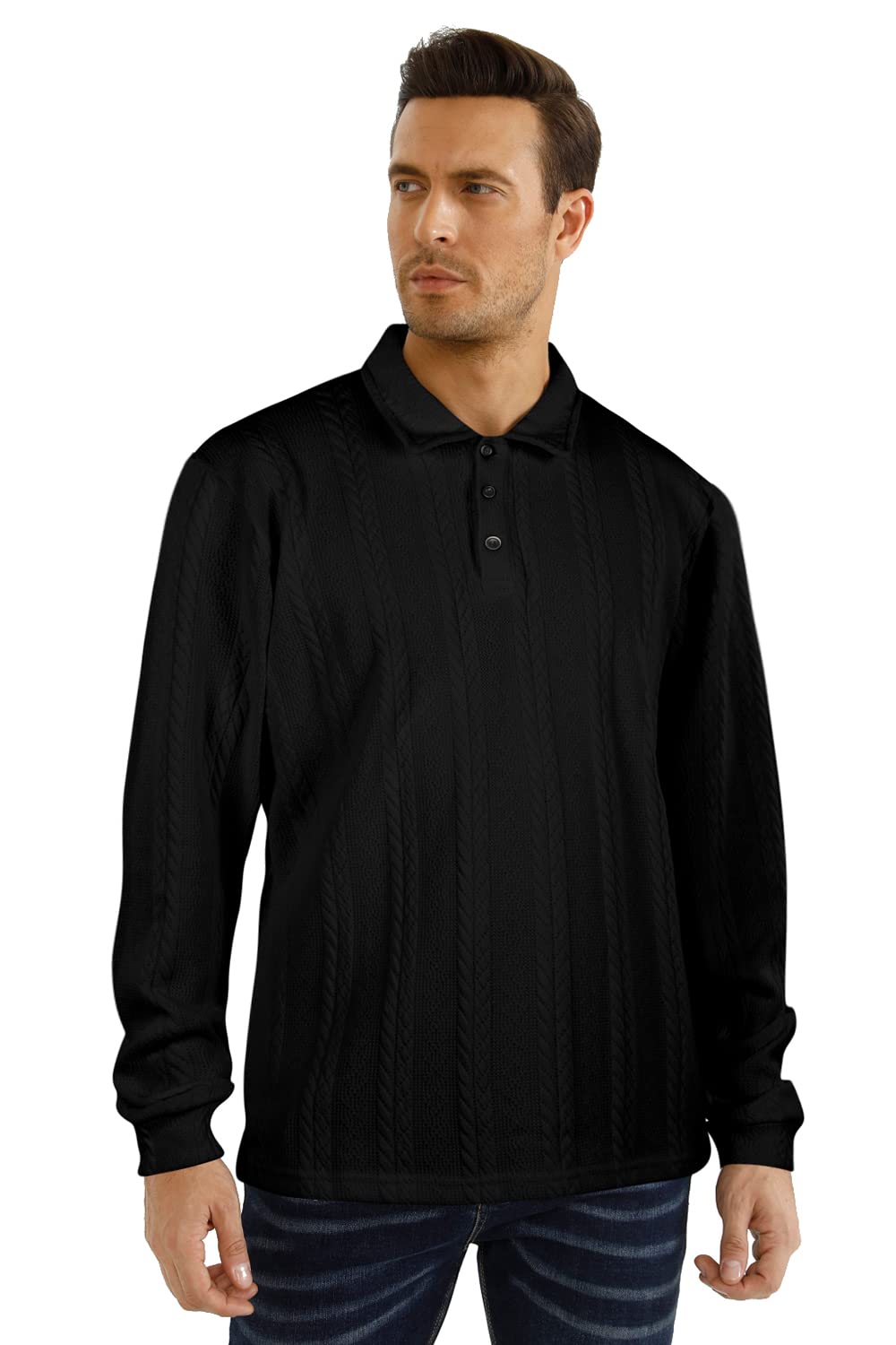 GINGTTO Mens Long Sleeve Collared Polo Sweater Cotton Ribbed Knit Golf Shirt for Men Black XL
