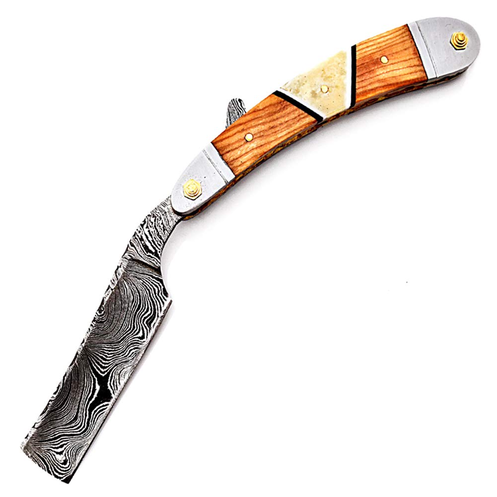 Hand Made Damascus Steel Straight Razor Folding Razor With Shaving Ready Classic Barber Blade Edge, Men Straight Razor, Leather Case + Strop, Close Shave, Great Gift R-52