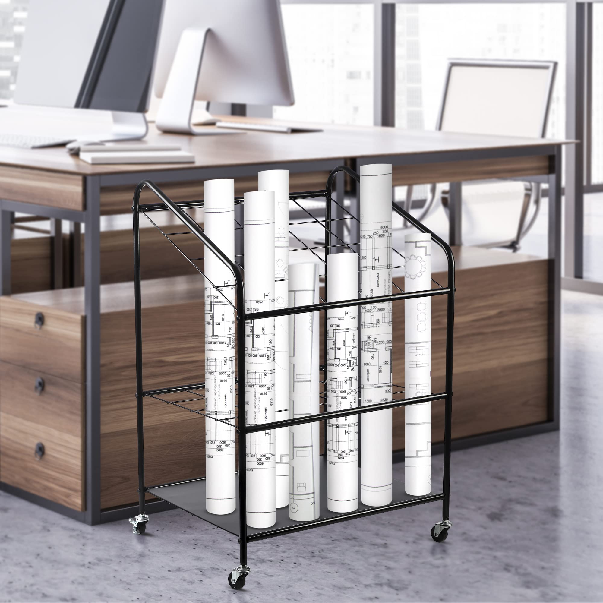 Houseables Blueprint Holder, Blueprint Storage Rack, Print Rack, Plan Holder, Poster Display Rack, Plan Rack, Blueprint Cabinet, Construction Plan Holder, Metal, 4x4β Compartments, 20 Slots, w/Wheels