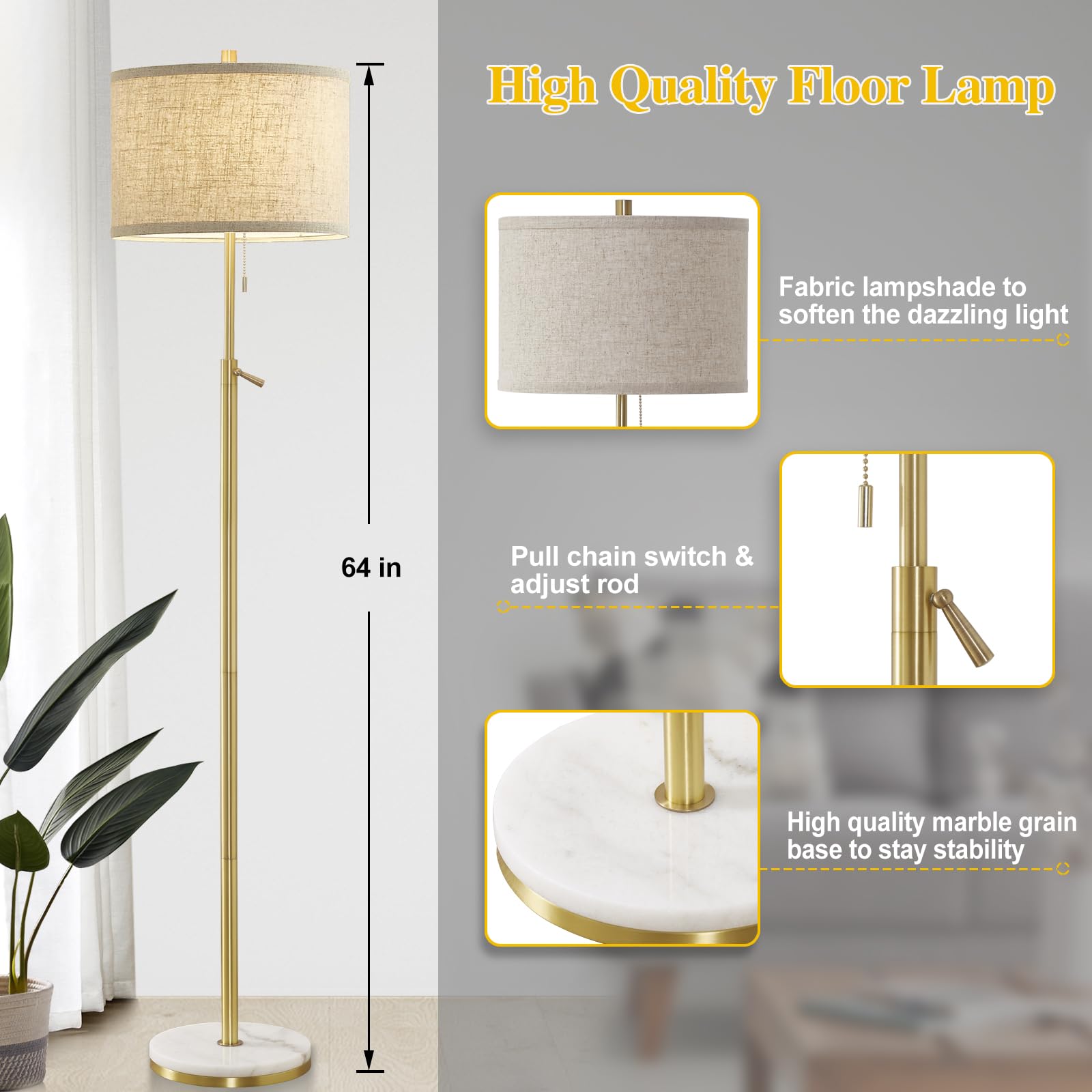 GyroVu Marble Floor Lamp, Adjustable Height Standing Lamp with Marble Base Tall Lamp with Pull Chain Switch Floor Lamps for Living Room, Bedroom & Office Bulbs Not Included(Gold)