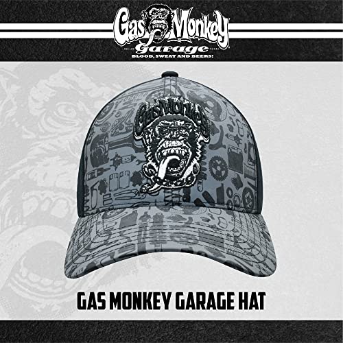 Gas Monkey Garage Concept One Baseball Hat, Reflective All Over Print Adult Snapback Cap with Curved Brim, Black, One Size
