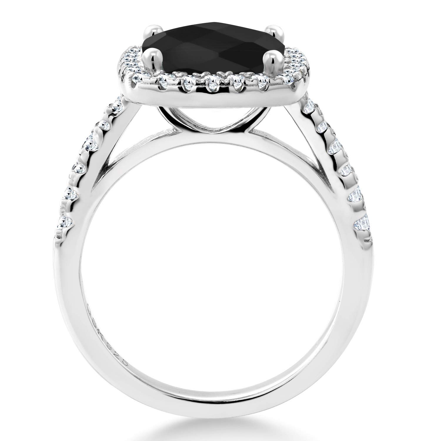 Gem Stone King 925 Sterling Silver Black Onyx and White Created Sapphire Ring For Women (2.61 Cttw, Cushion Checkerboard 8MM, Gemstone Birthstone, Available In Size 5, 6, 7, 8, 9)