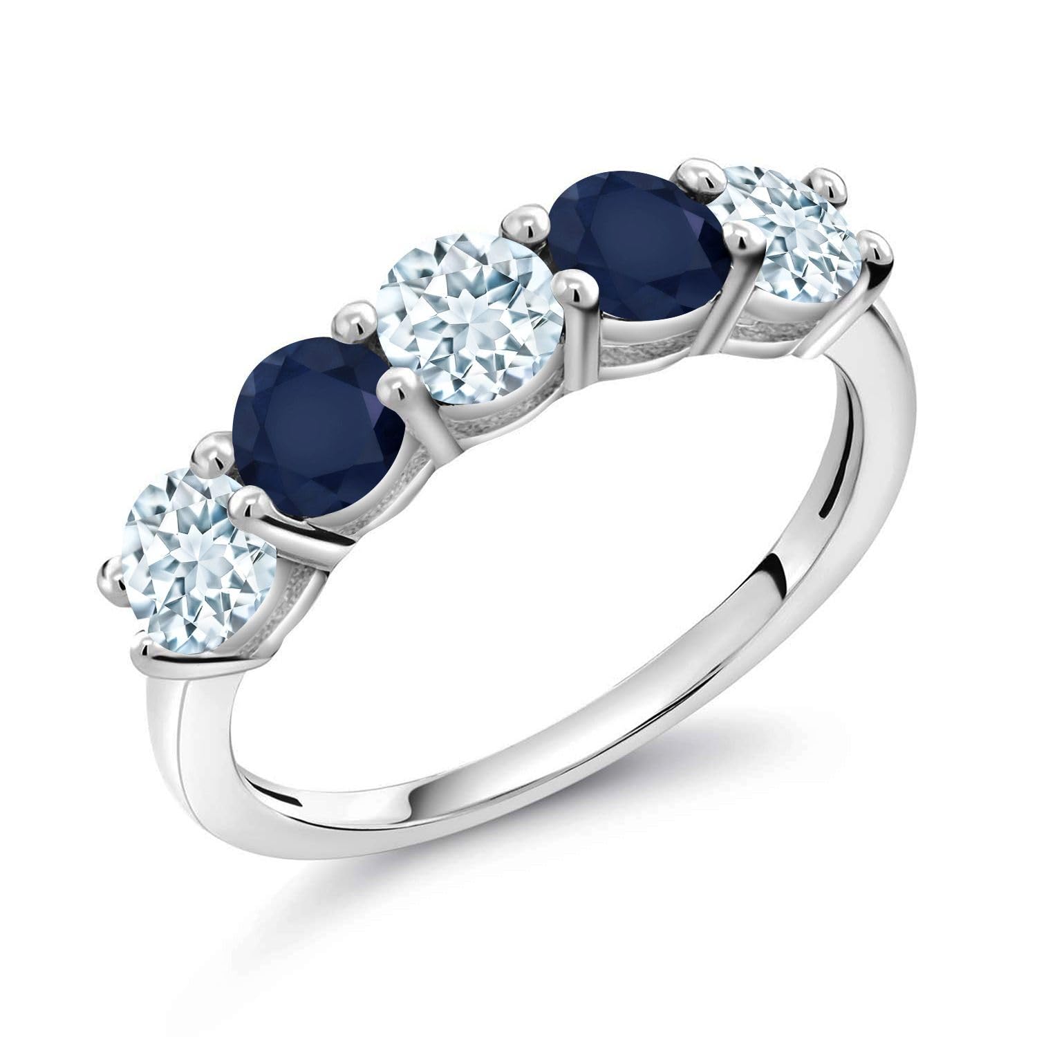 Gem Stone King 925 Sterling Silver Sky Blue Aquamarine & Blue Sapphire Wedding Band Ring For Women (1.01 Cttw, Round 3.5MM, Gemstone Birthstone, Available In Size 5-9)