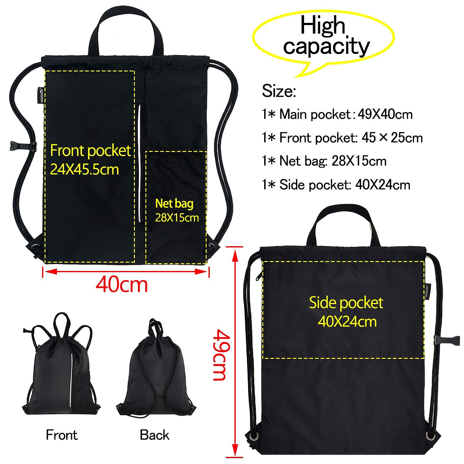 HOLYLUCK Drawstring Backpack Sports Gym Bag String Bag Sports Sackpack Gym Sack for Women Men with Zipper - black