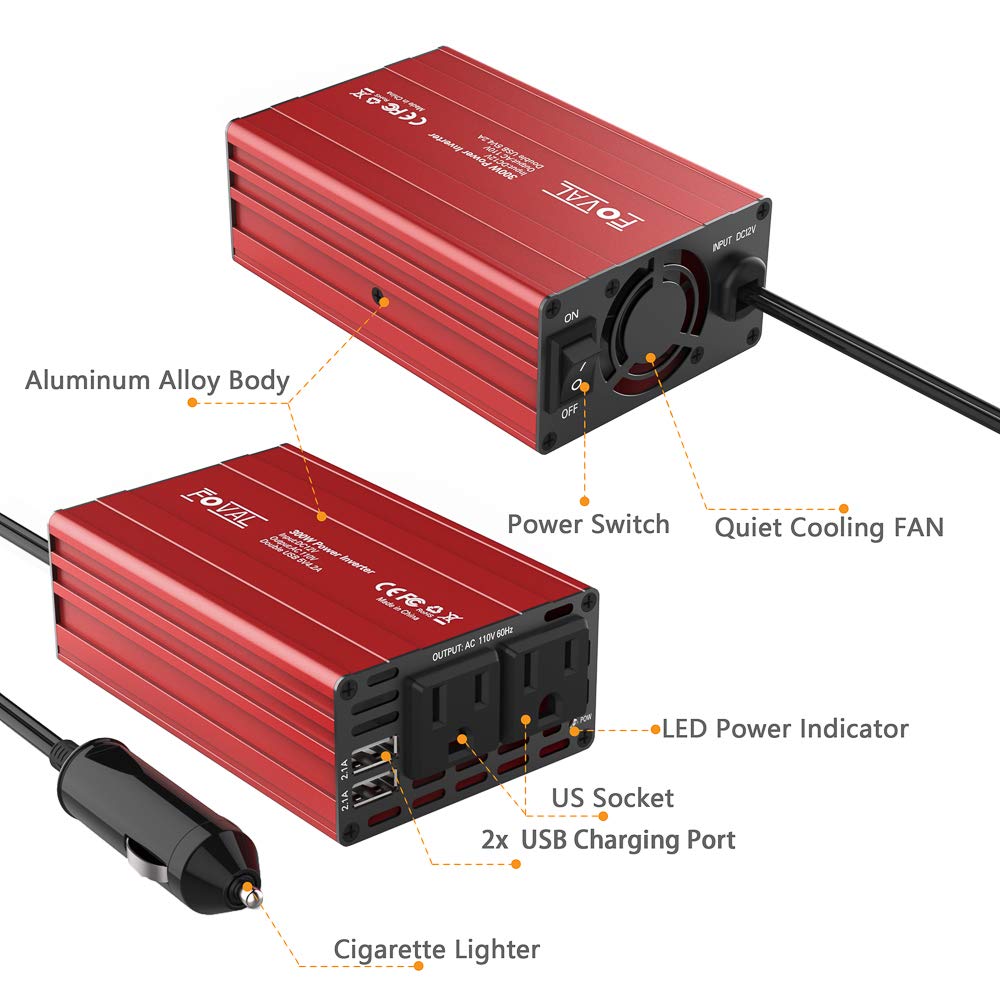 FOVAL Power Inverter 300W DC 12V to 110V AC Converter with 4.2A Dual USB Car Charger Red