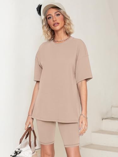 Glamaker Women 2 Piece Outfit sets Casual Oversized T-Shirt Tops Biker Shorts Workout Sport s Tracksuit Khaki Medium