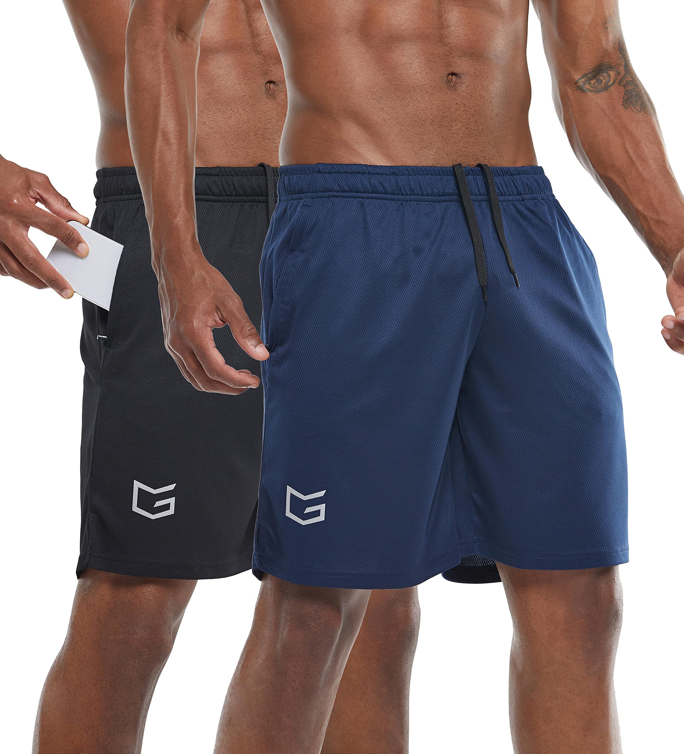 G Gradual Men's 7" Workout Running Shorts Quick Dry Lightweight Gym Shorts with Zip Pockets (2 Pack: Navy Blue/Black X-Large)