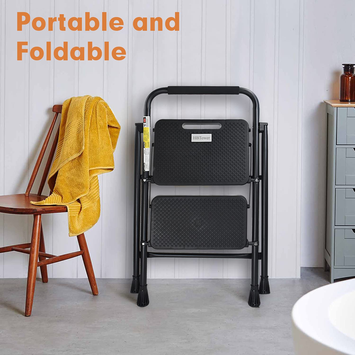 HBTower 2 Step Ladder, 500 lbs Folding Step Stool with Anti-Slip Wide Pedals, Sturdy Steel Ladder, Convenient Handgrip, Lightweight Portable Step Stool Black