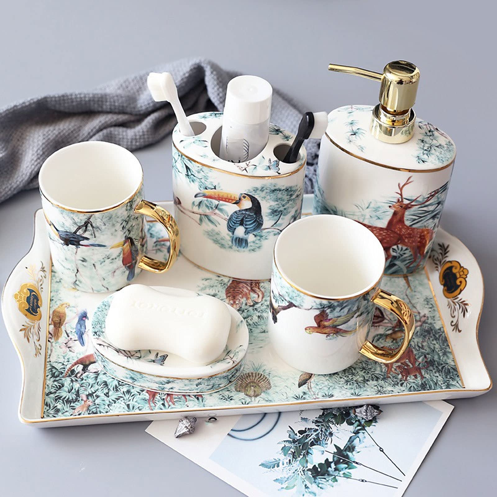 GRFIT Soap Dispenser 6-Piece Set Animal Pattern Ceramic Kitchen Soap Dispenser with Tray, for Home Hotel Bathroom, Kitchen Hotel Bathroom Accessories Bathroom Soap Dispenser