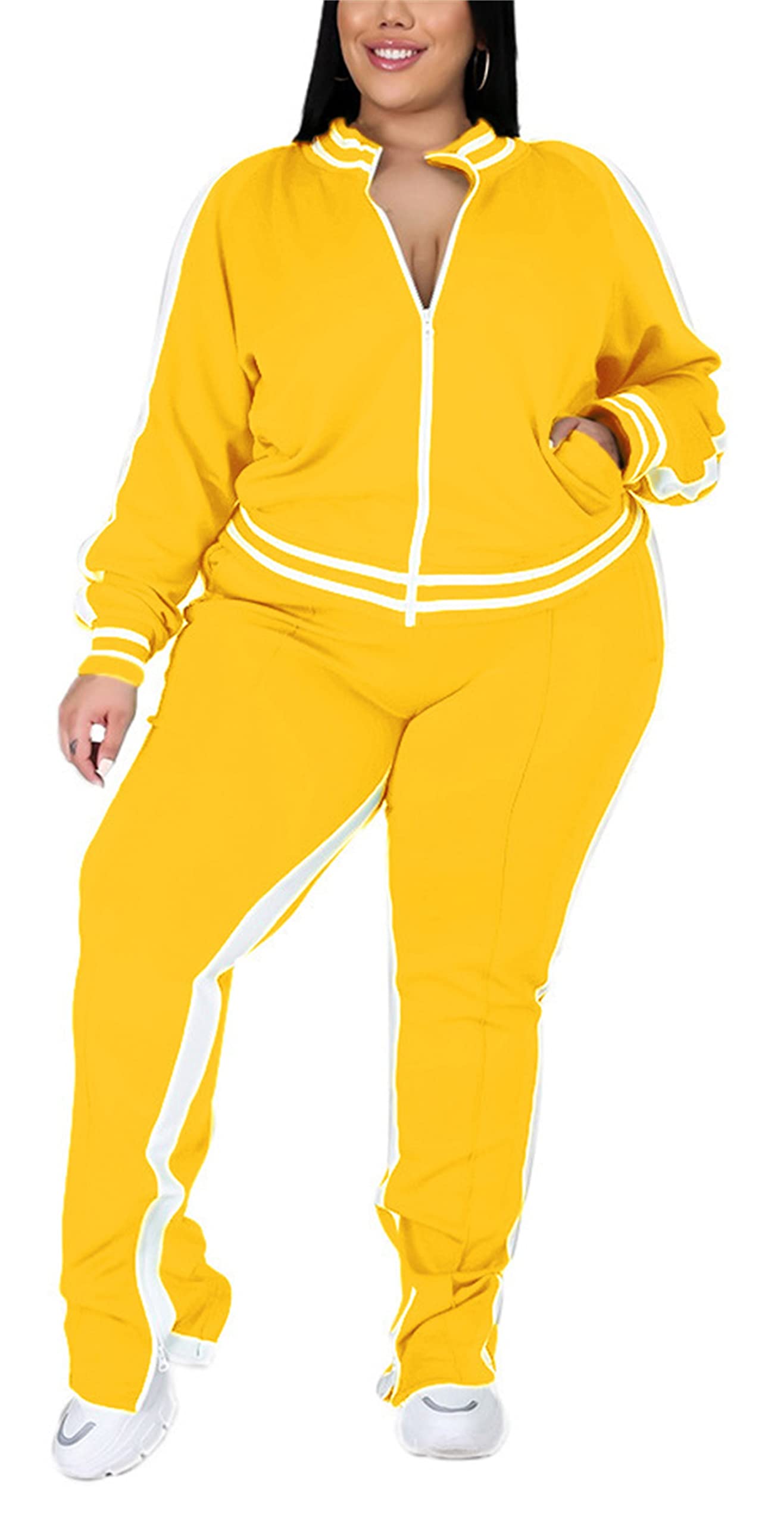 Hooreatee Jogging Suits for Women Plus Size Tracksuit Long Sleeve Zip Up Stripe Jackets Running Sweatpants 2 Piece Sweatsuits Set Yellow 2XL