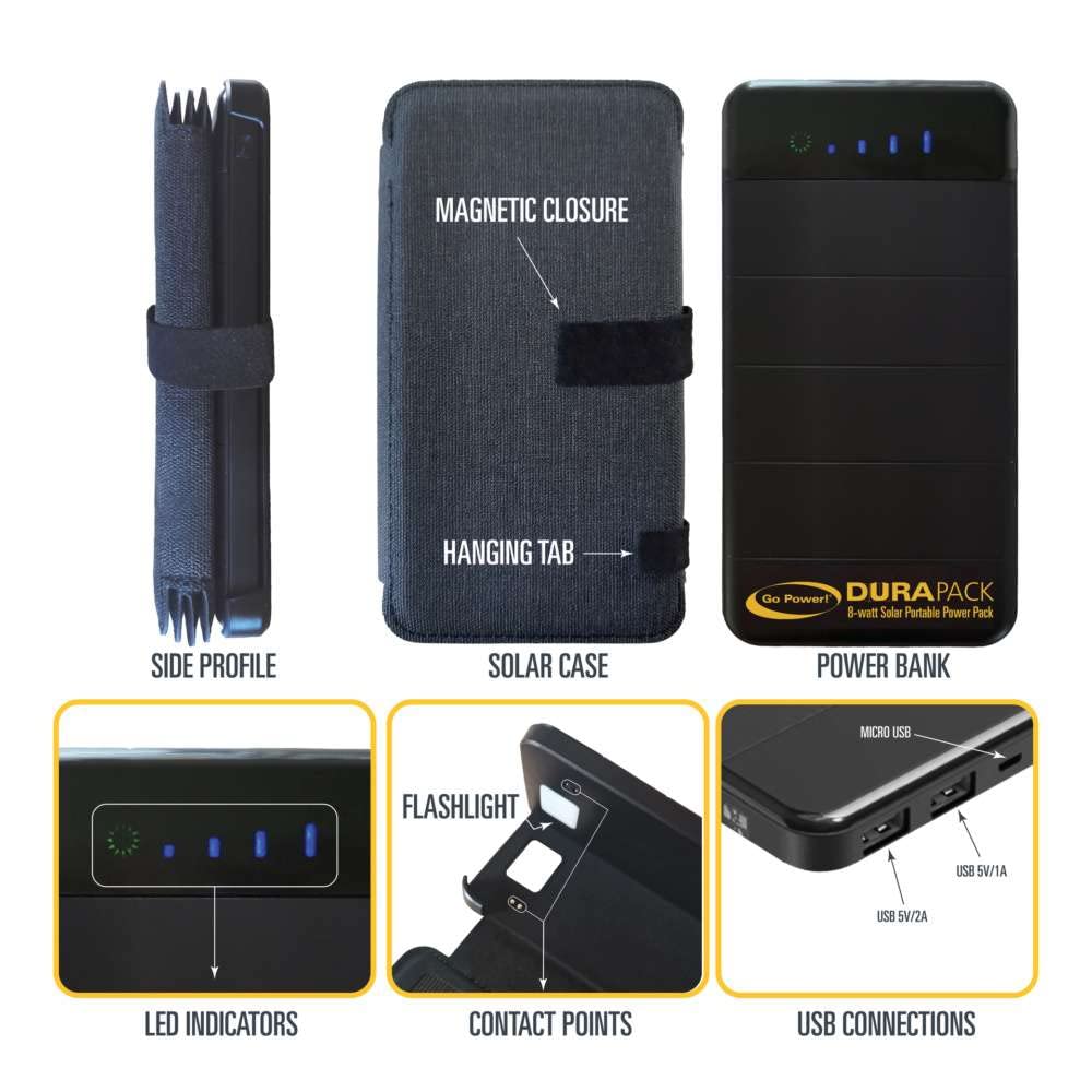 GO POWER! GP-DURAPACK-8W DuraPACK Portable Solar Battery Pack with USB Ports - 8 Watt