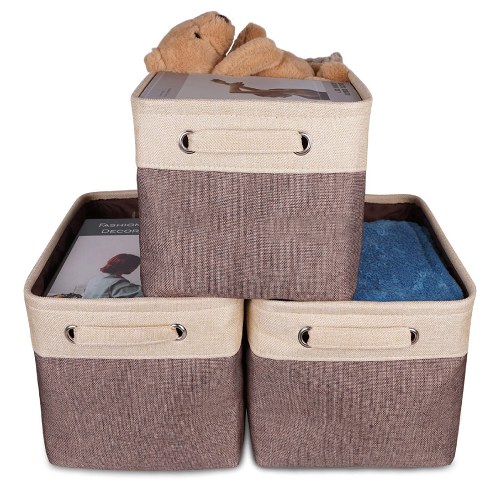 HOSEN Storage Basket Set 3 Pack Large 14 L x 10 W x 9 H - Collapsible Cotton Basket with 2 Handles Organizer Basket Bin Box for Organizing Shelf Nursery Home Closet (Coffee)