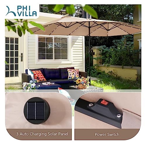 PHI VILLA 15ft Large Patio Umbrella with Solar Lights, Double-Sided Outdoor Market Rectangle Umbrellas with 36 LED Lights, Base (Stand) Included, Beige
