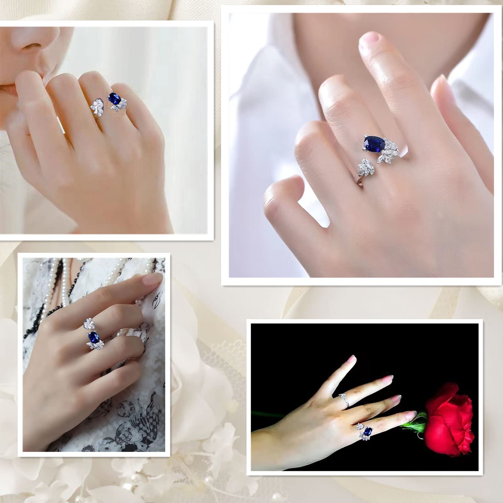 H.Queen Lifetech Fashionable Navy Sapphire Zircon Created Gemstone Rings Navy Blue Adjustable Open Rings Copper Plated 925 Silver for Women(Navy Blue