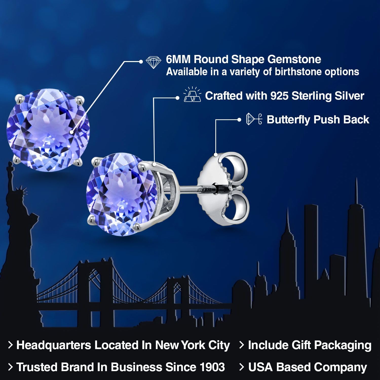 Gem Stone King 925 Sterling Silver Round 6MM Gemstone Birthstone Stud Earrings For Women