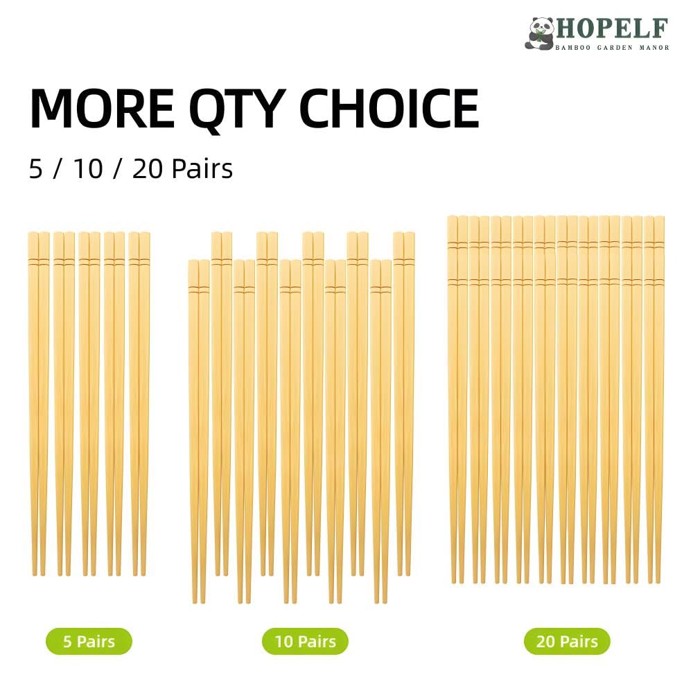 HOPELF 5 Pairs Bamboo Chopsticks Wooden Chinese Classic Style,9 1/2 Inches,More Quantity Choices 10Pairs/20Pairs