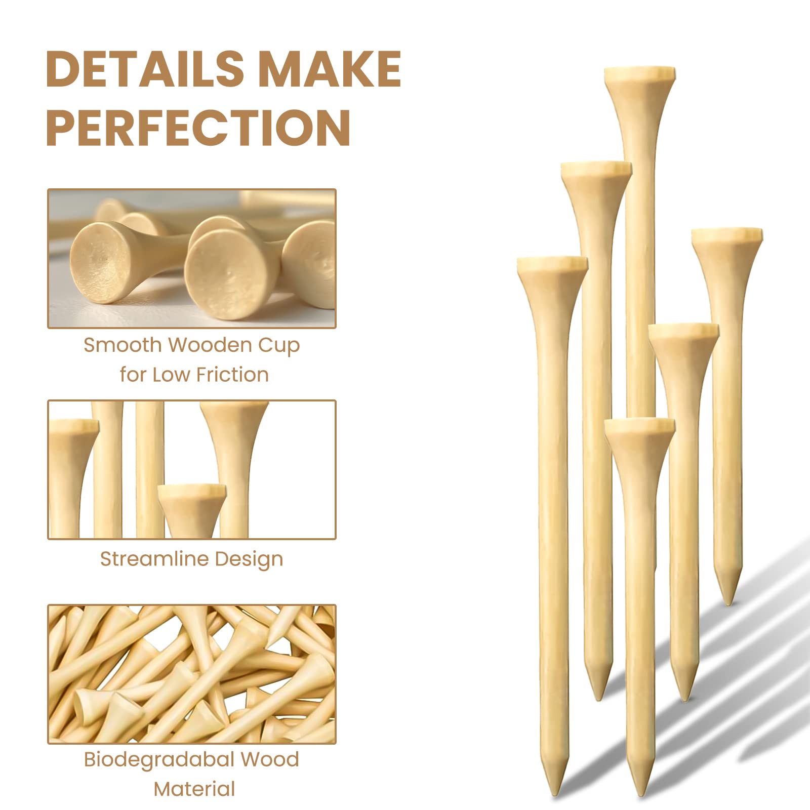 Golf Tees,50 Pack Professional Wood Golf Tees with 3-1/4" Long Golf Tees and 2-1/8" Short Golf Tees,Low Friction and Side Spin for Golfing Practice, Sports Tournaments