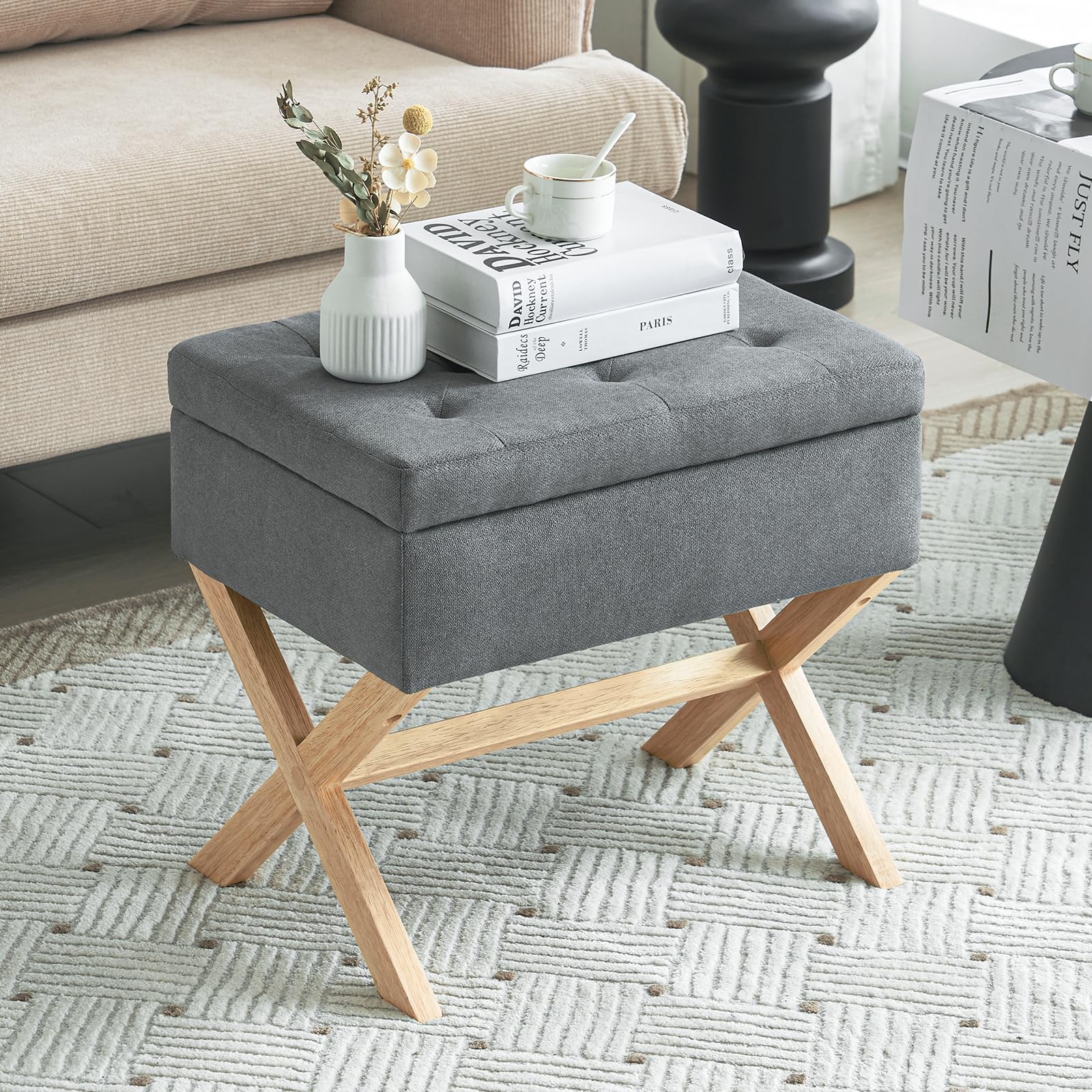 Furniliving Linen Storage Ottoman Square Ottoman Button-Tufted Foot Stool with Wooden X Legs, Modern Footrest Rectangle Vanity Stool, Makeup Stool for Living Room, Bedroom (Grey)