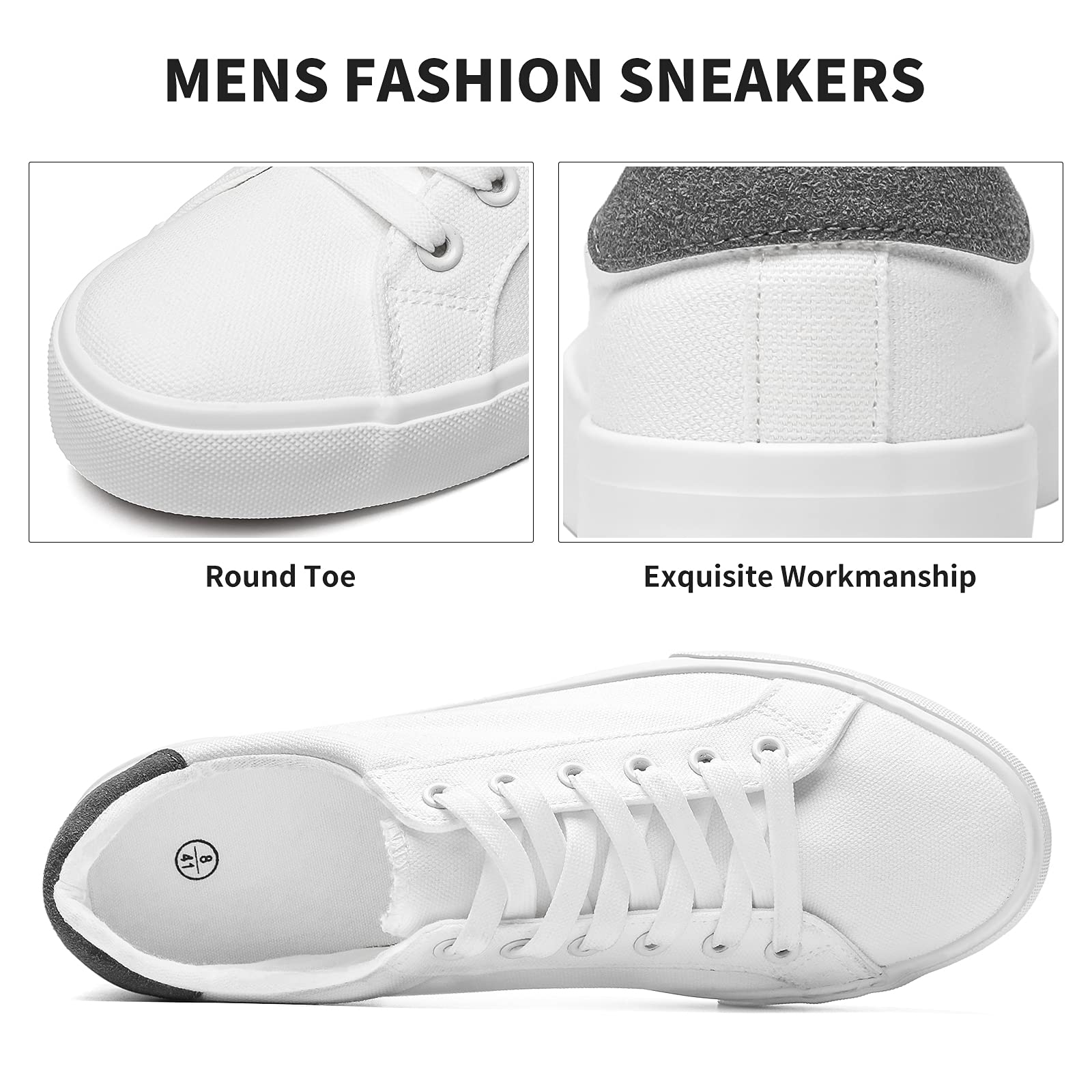 FRACORA Mens Canvas Shoes White Black Sneakers Low Top Lace Up Casual Shoes(White, US8)