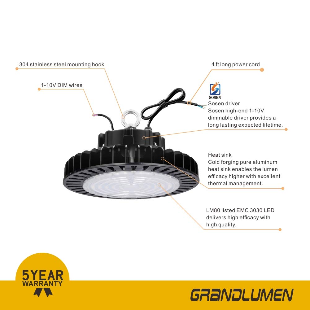 GRANDLUMEN 240W UFO LED High Bay Light, ETL Certified, 5000K Daylight White, LED Warehouse Lighting