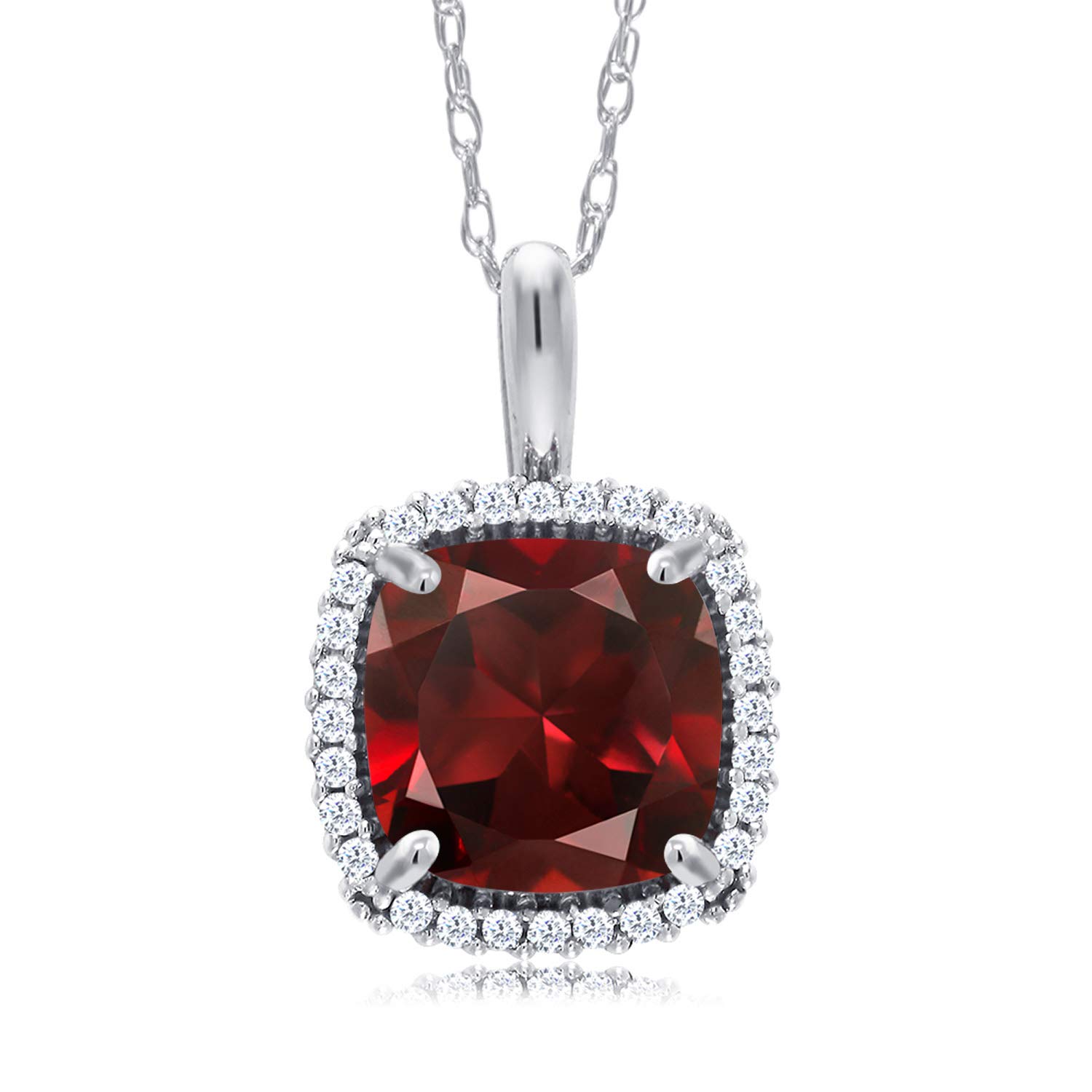 Gem Stone King 10K White Gold Gemstone Birthstone and White Diamond Halo Pendant Necklace | Cushion Cut 7MM | White Gold Necklace for Women | with 18 Inch Chain