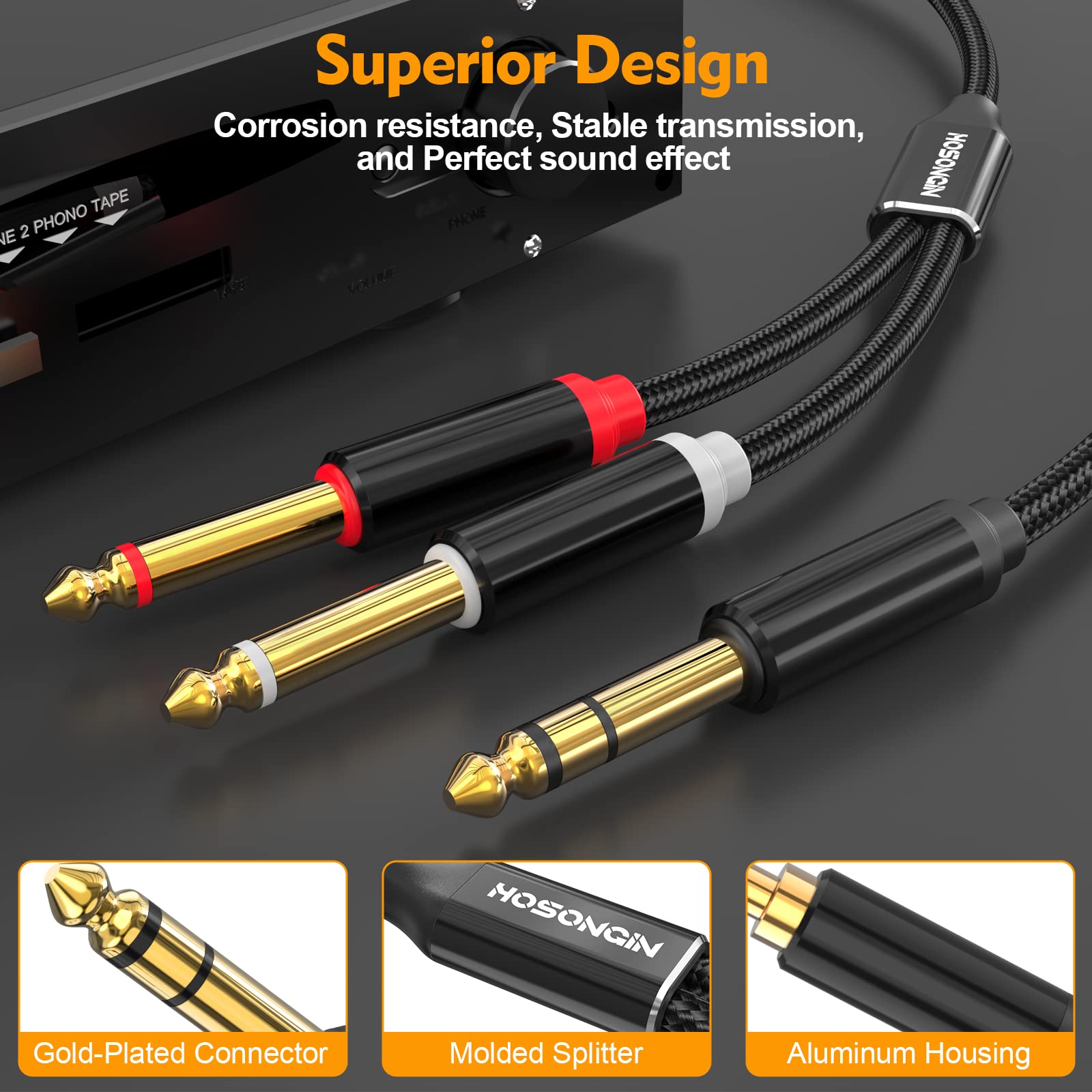 HOSONGIN 1/4 inch TRS Stereo to Dual 1/4 inch TS Mono Y-Splitter Insert Cable, Nylon Braided Jacket Gold-Plated Plug Double Shielding Cable, 10 Feet