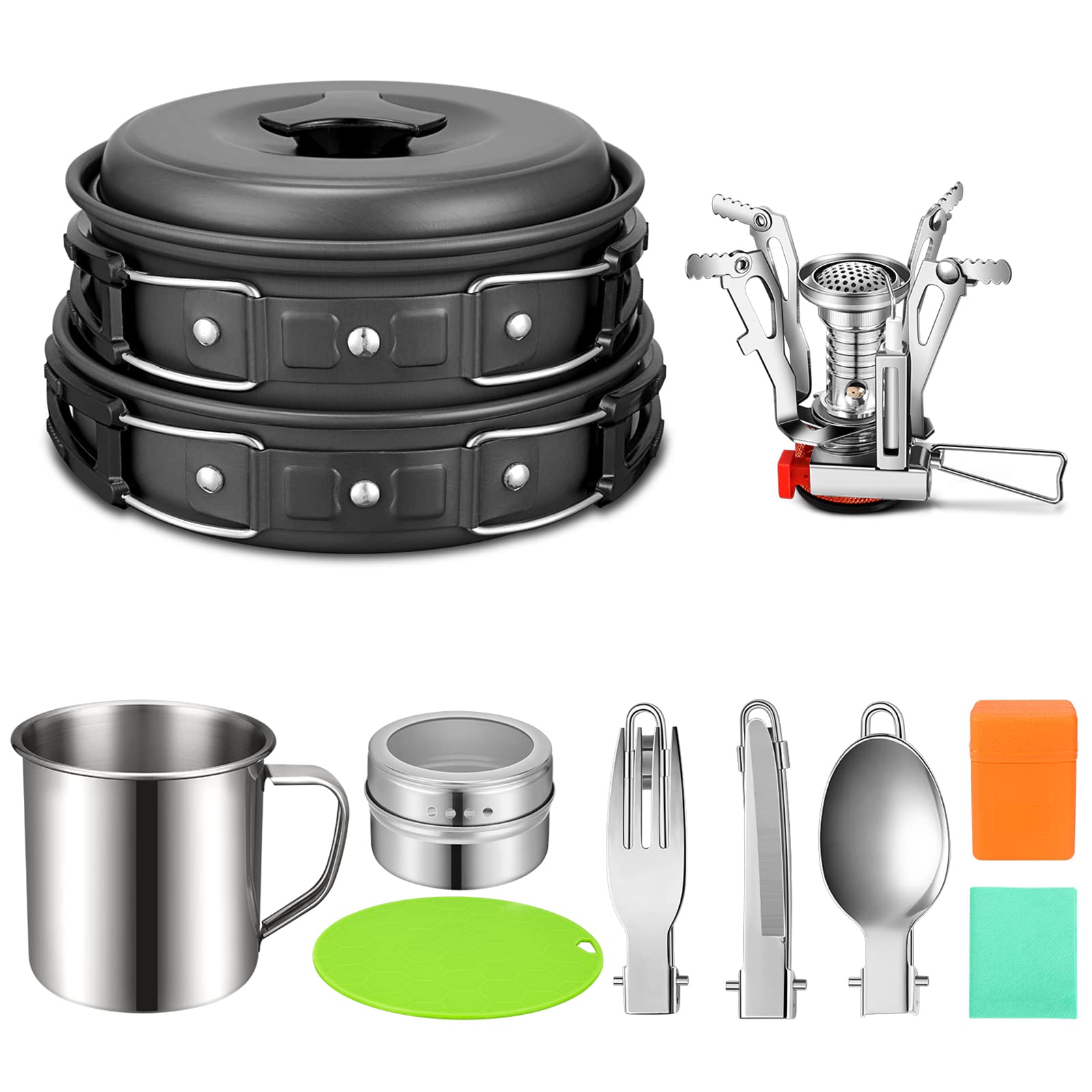 G4Free 12PCS Camping Cookware Mess Kit, Lightweight Cooking Pot Pan Kettle Fork Knife Spoon Kit for Backpacking, Outdoor Camping Hiking and Picnic