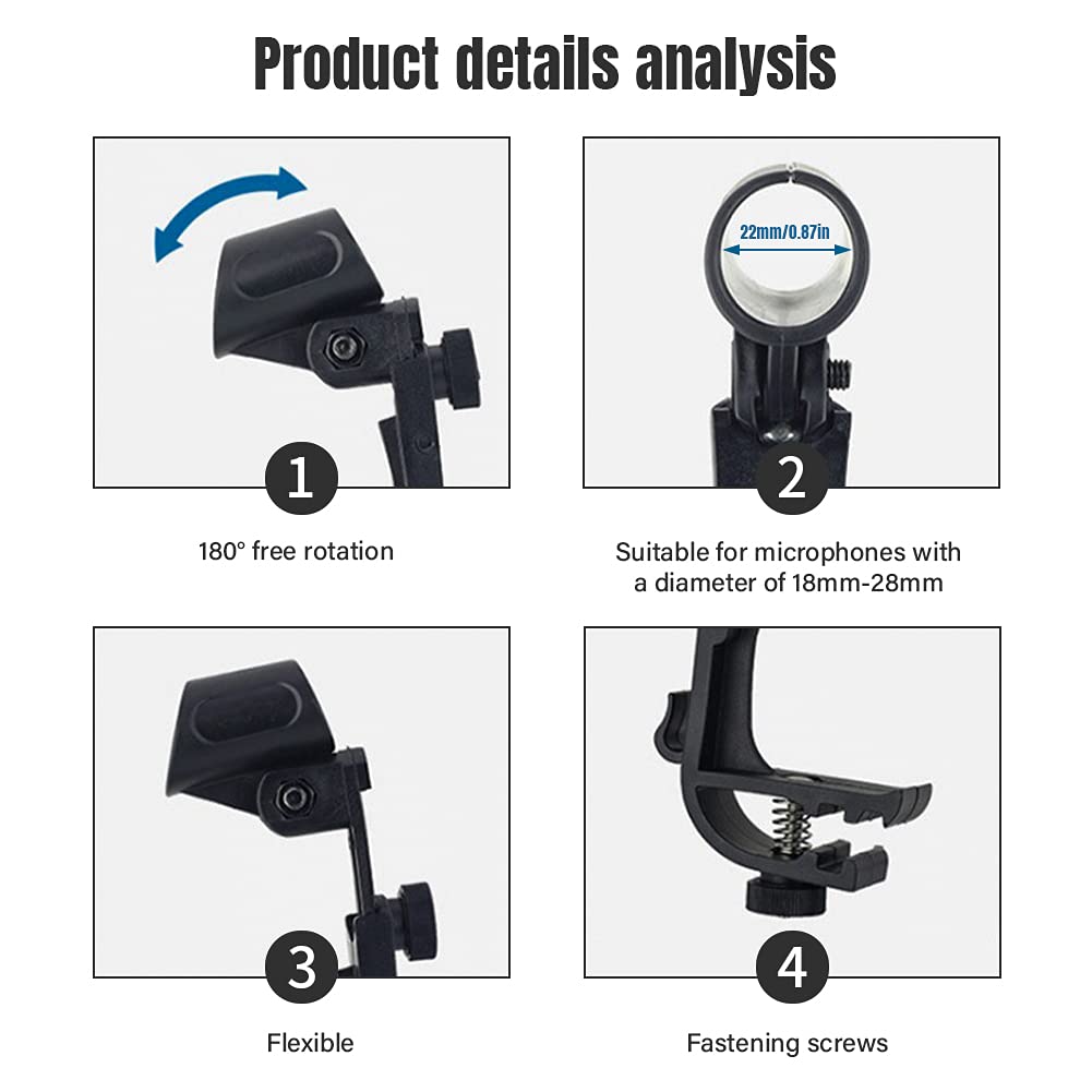 GEZICHTA 2 PCS Drum Adjustable Microphone Holder 180 Degrees Rotation Drum Microphone Clips,Clip Musical Shockproof Snar-e Mount Clamp Instrument Accessories(Black,Size:0.71x1.1inch)